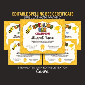 Editable Spelling Bee Certificates Spelling Bee Printable - Etsy