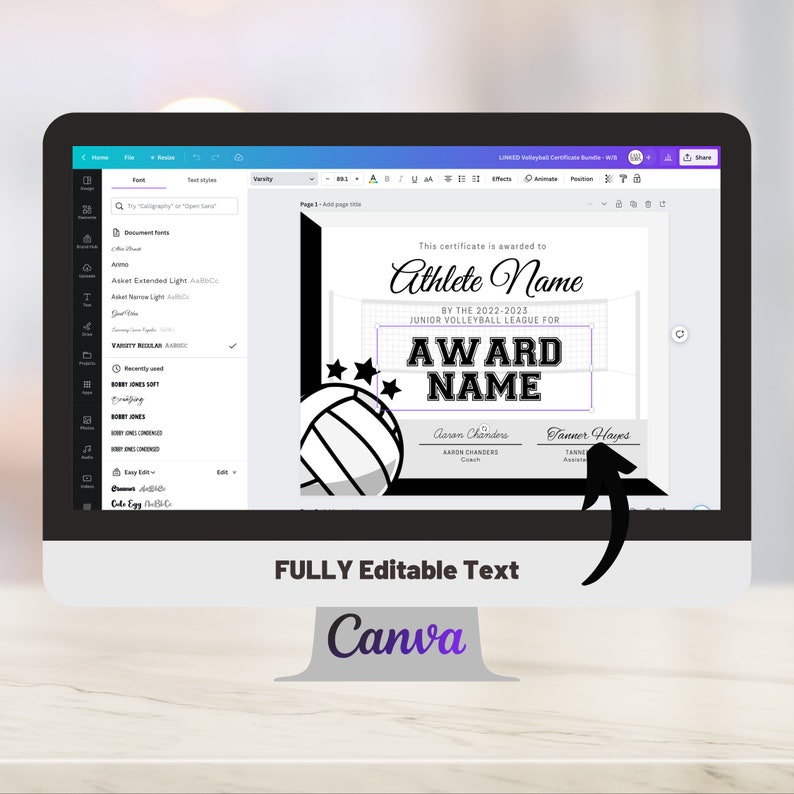 Volleyball Awards Certificates Bundle Editable Team Certificates (canva ...