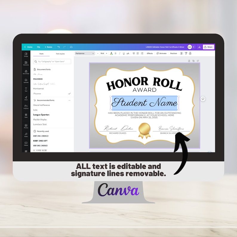 Honor Roll Certificate Template, Editable School Academic Award ...