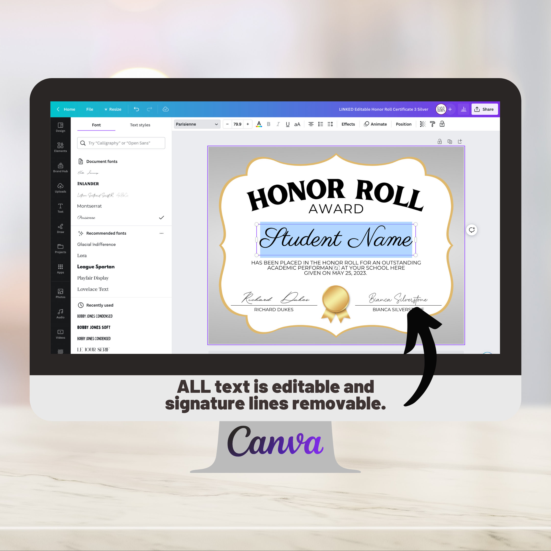 Editable School Honor Roll Certificate Template (canva) - Etsy
