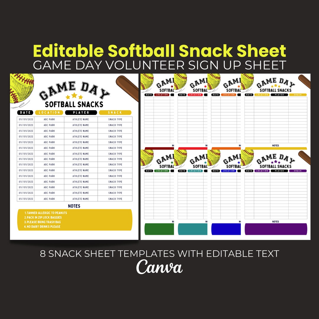 Editable Softball Snack Sign up Sheet, Game Day Schedule Template ...