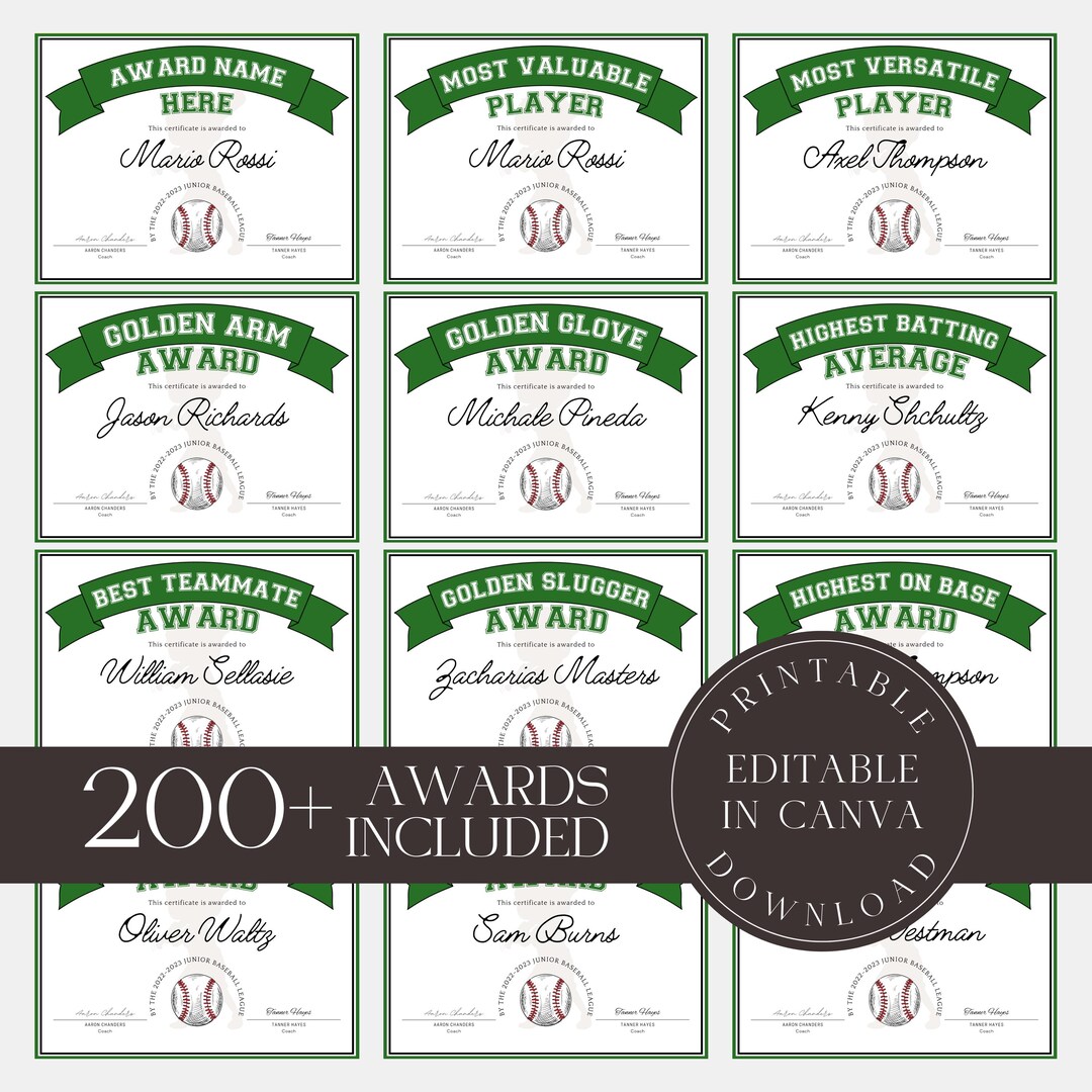 Editable Baseball Awards Printable Baseball Team Certificate Bundle ...