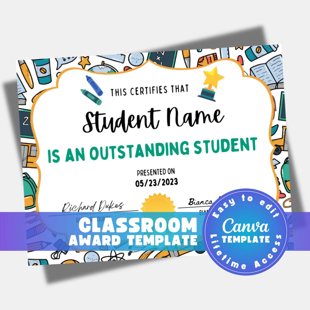 Editable School Certificate Outstanding Student Elementary Classroom ...