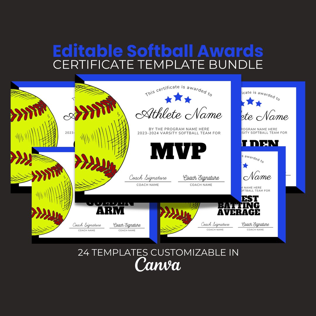 Softball Awards Printable, Softball Team Certificate Bundle, Editable ...