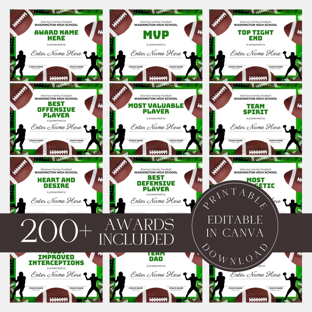 Editable Football Award Certificate Bundle 294 Canva Templates (PDF) - Etsy