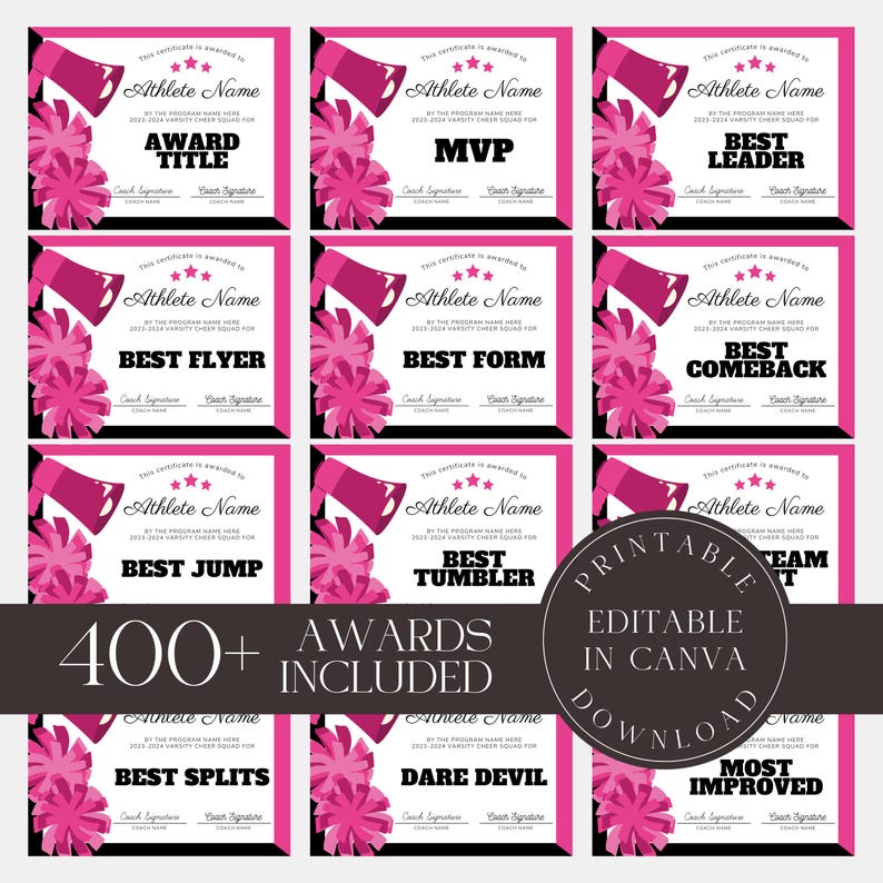 Cheerleading Award Certificate Template Editable Canva Awards (digital ...