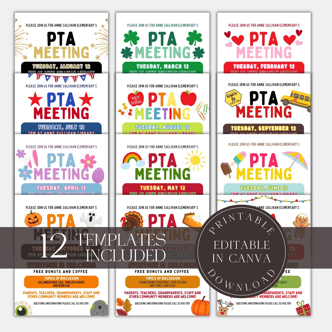 Editable Seasonal PTA PTO Meetings Flyer Bundle Template Printable ...