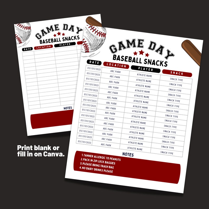 Editable Baseball Snack Sign up Sheet Game Day Schedule Canva - Etsy