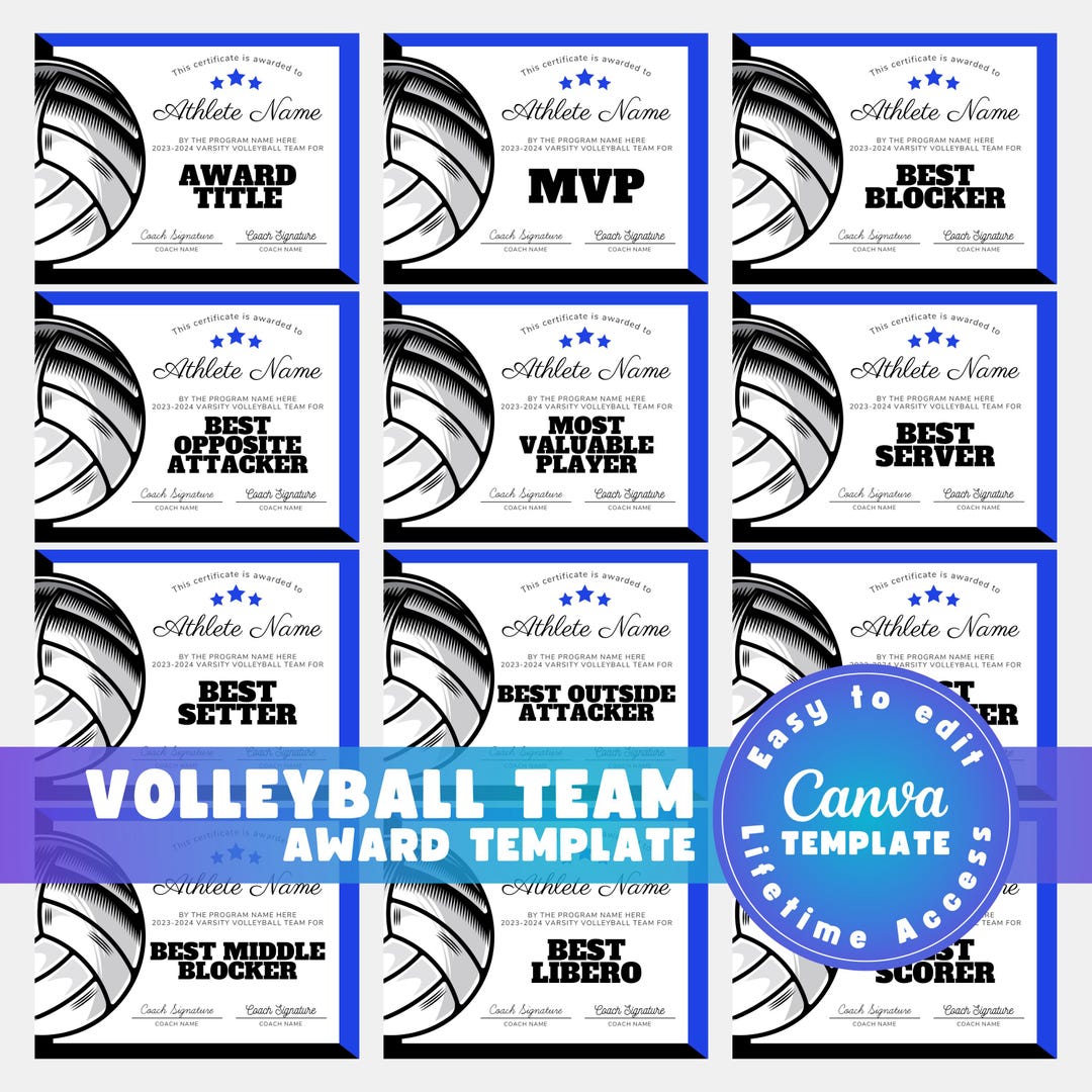 Editable Volleyball Award Certificates Team MVP, Coach Gift (canva ...