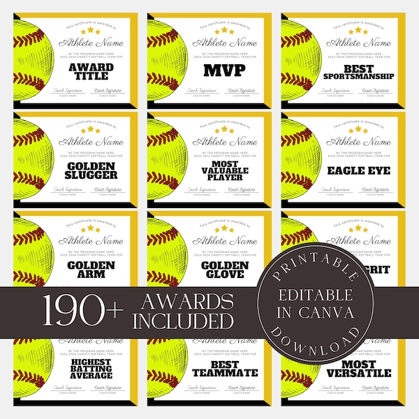 Softball Award Template - Etsy