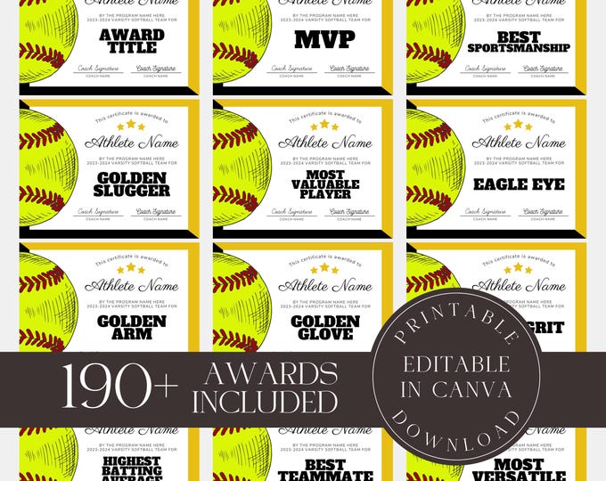 TEAM COLORS Softball Award Certificates - Instant Download Printable ...