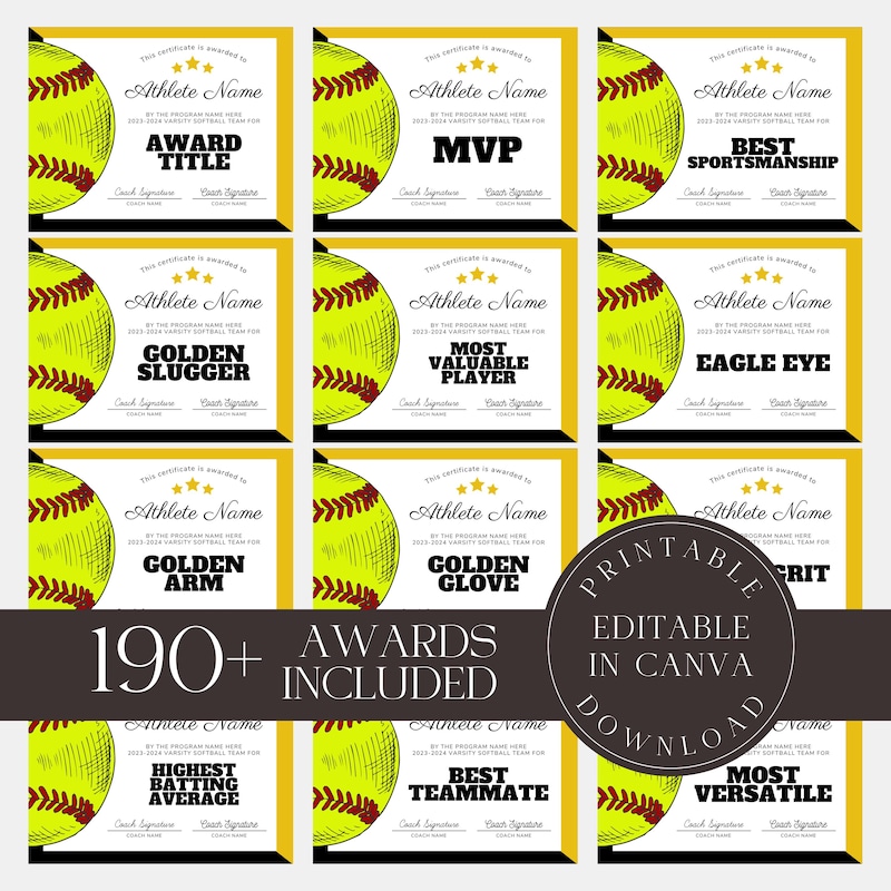 Softball Award Template - Etsy