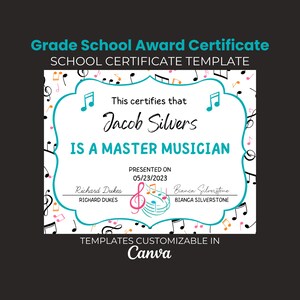 Editable School Certificate Student Music Award, Elementary Classroom ...