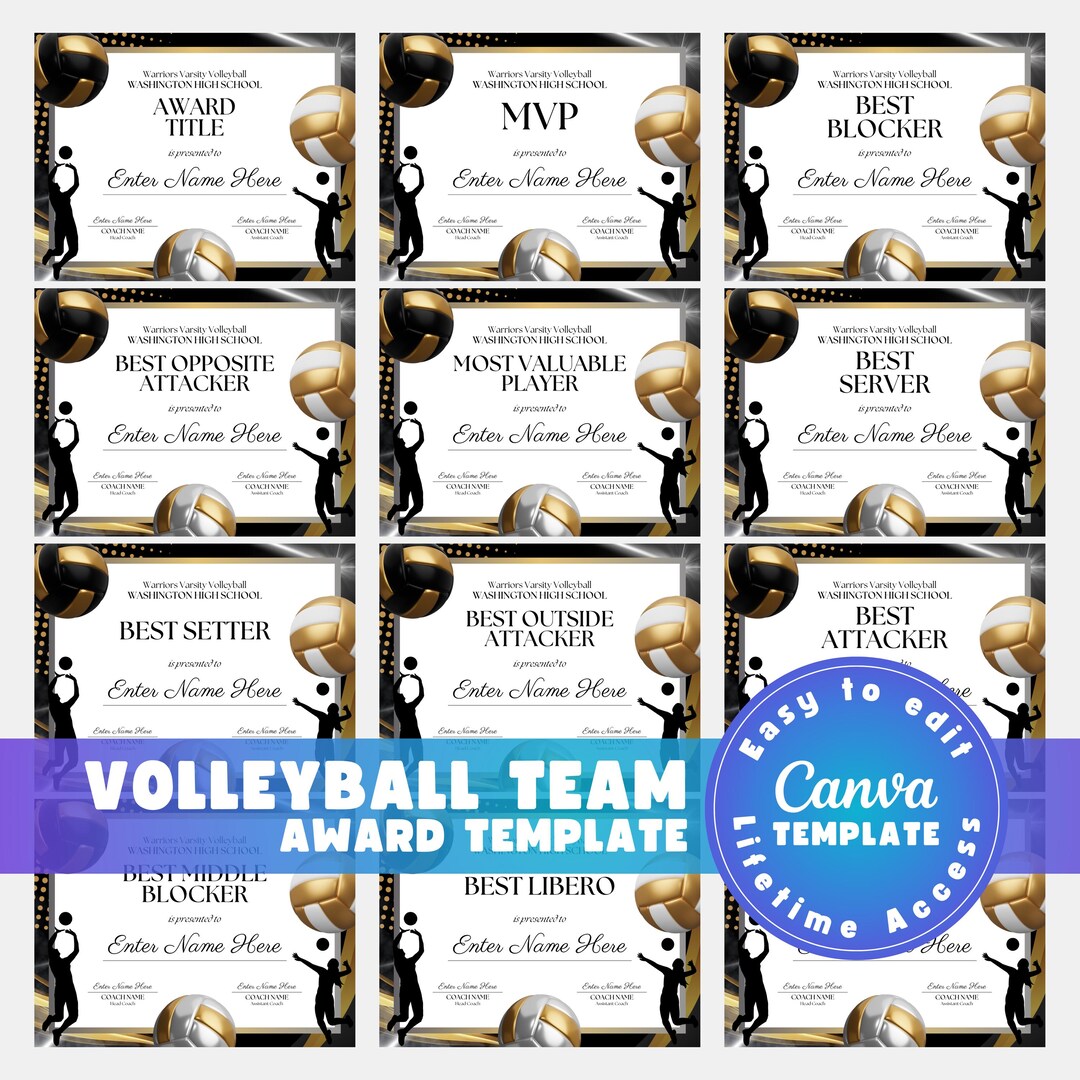 Editable Volleyball Award Certificates Team MVP, Printable Template ...