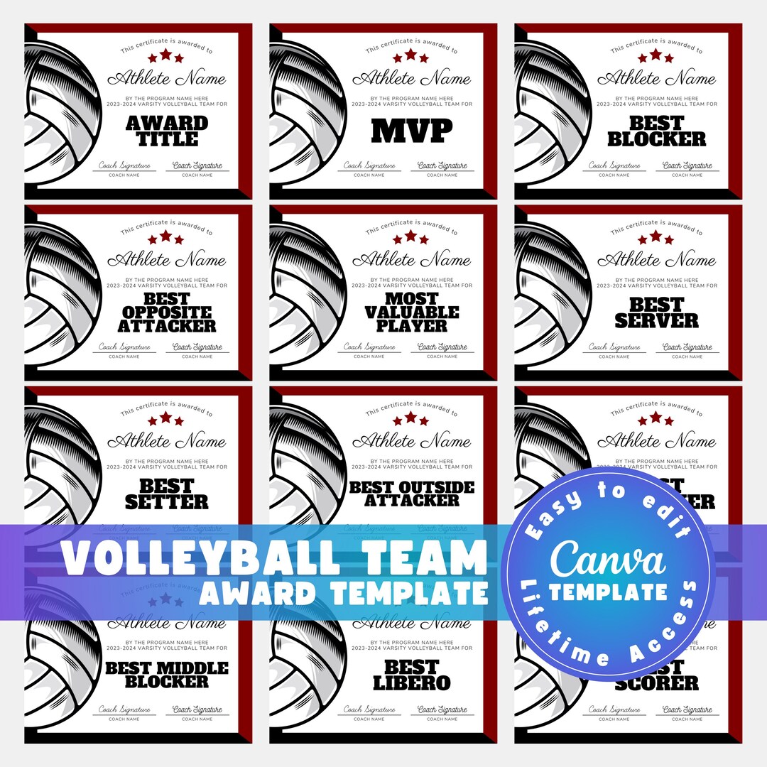 Editable Volleyball Awards Certificates Team Party Favors (canva ...