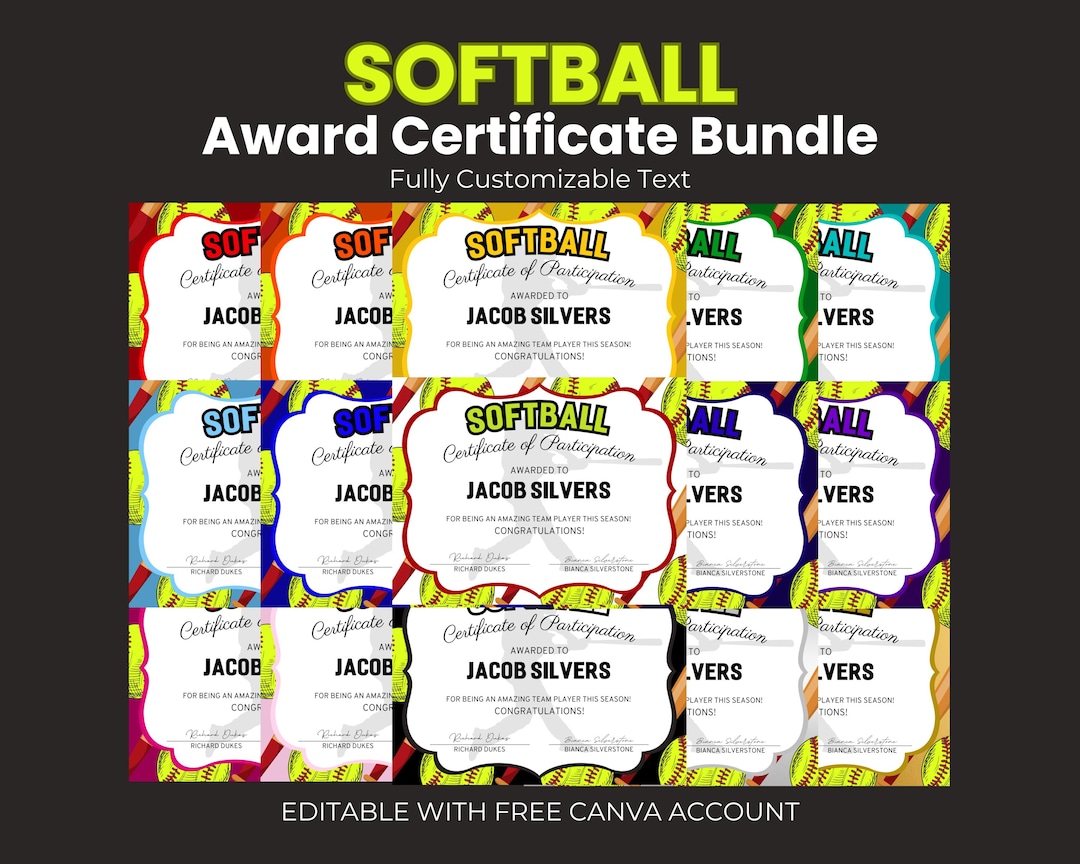 Softball Awards Printable, Softball Team Certificate Bundle, Canva ...