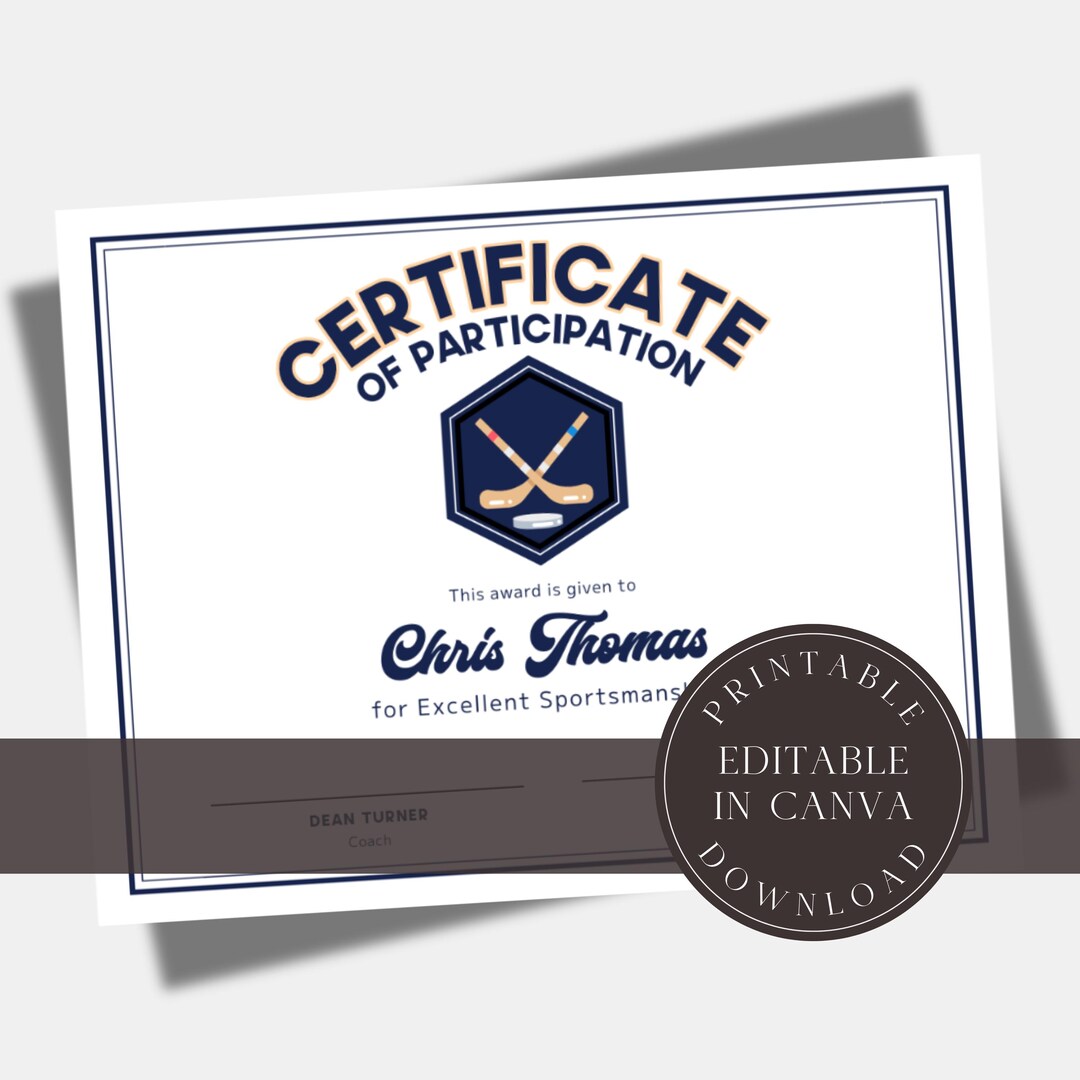 Editable Hockey Award Certificate Team Party Printable (canva Template ...