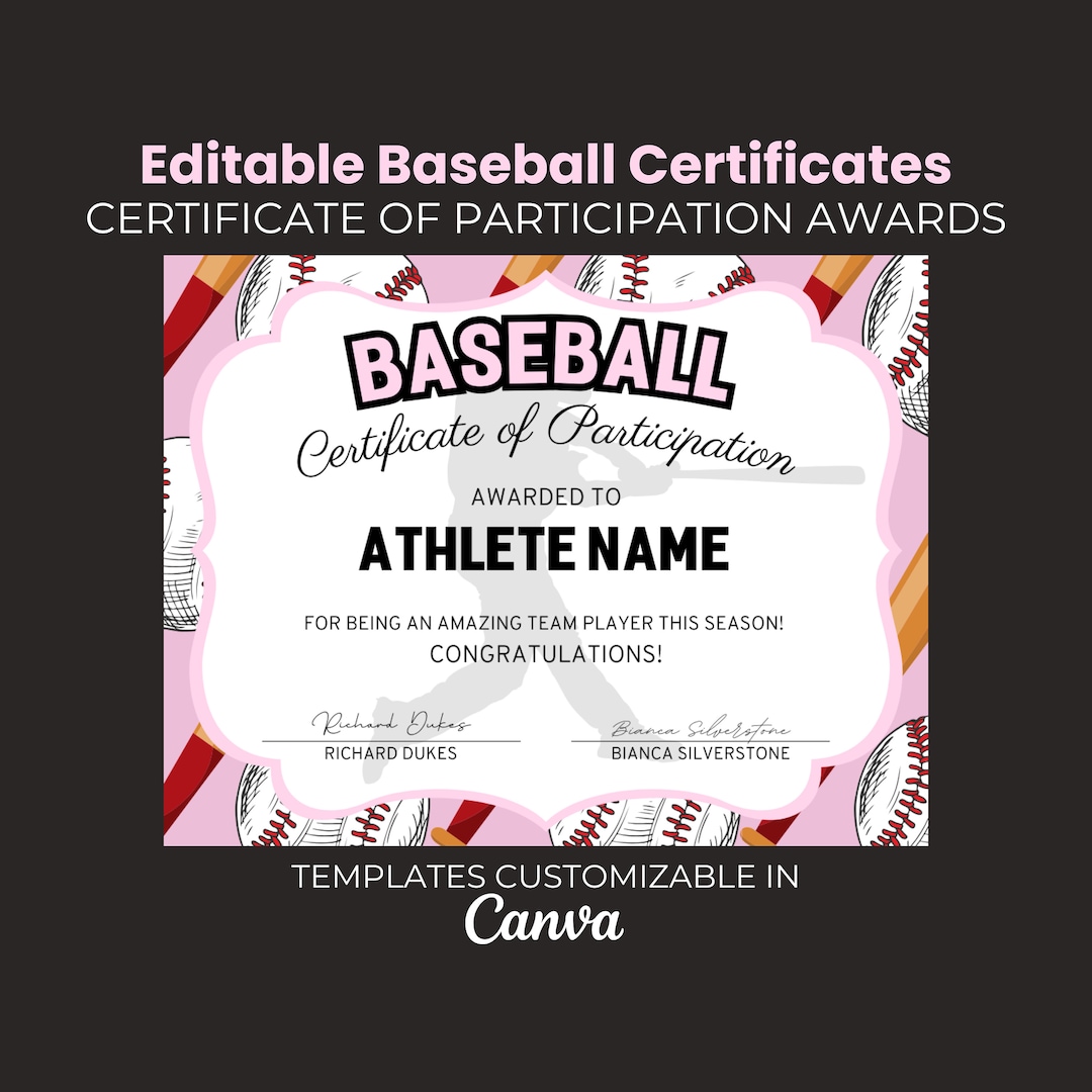 Editable Baseball Award Certificate Bundle, Canva Template, Team Party ...
