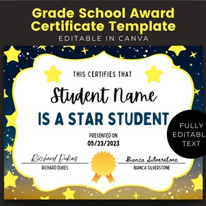 Editable School Certificate Star Student, Elementary Classroom Award ...