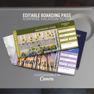 Editable Boarding Pass, Florida Vacation Printable Ticket Template ...