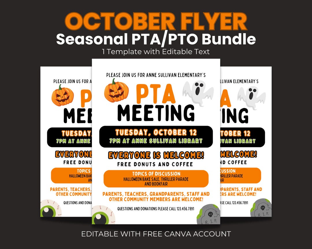 Editable October PTA PTO Meetings Flyer Template Printable Handout ...