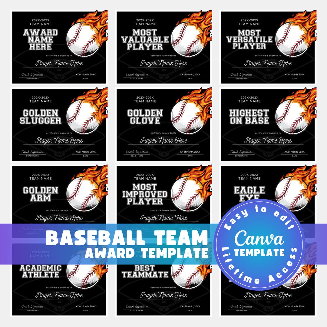 Personalized Baseball Award Certificates Editable Team Awards (canva ...