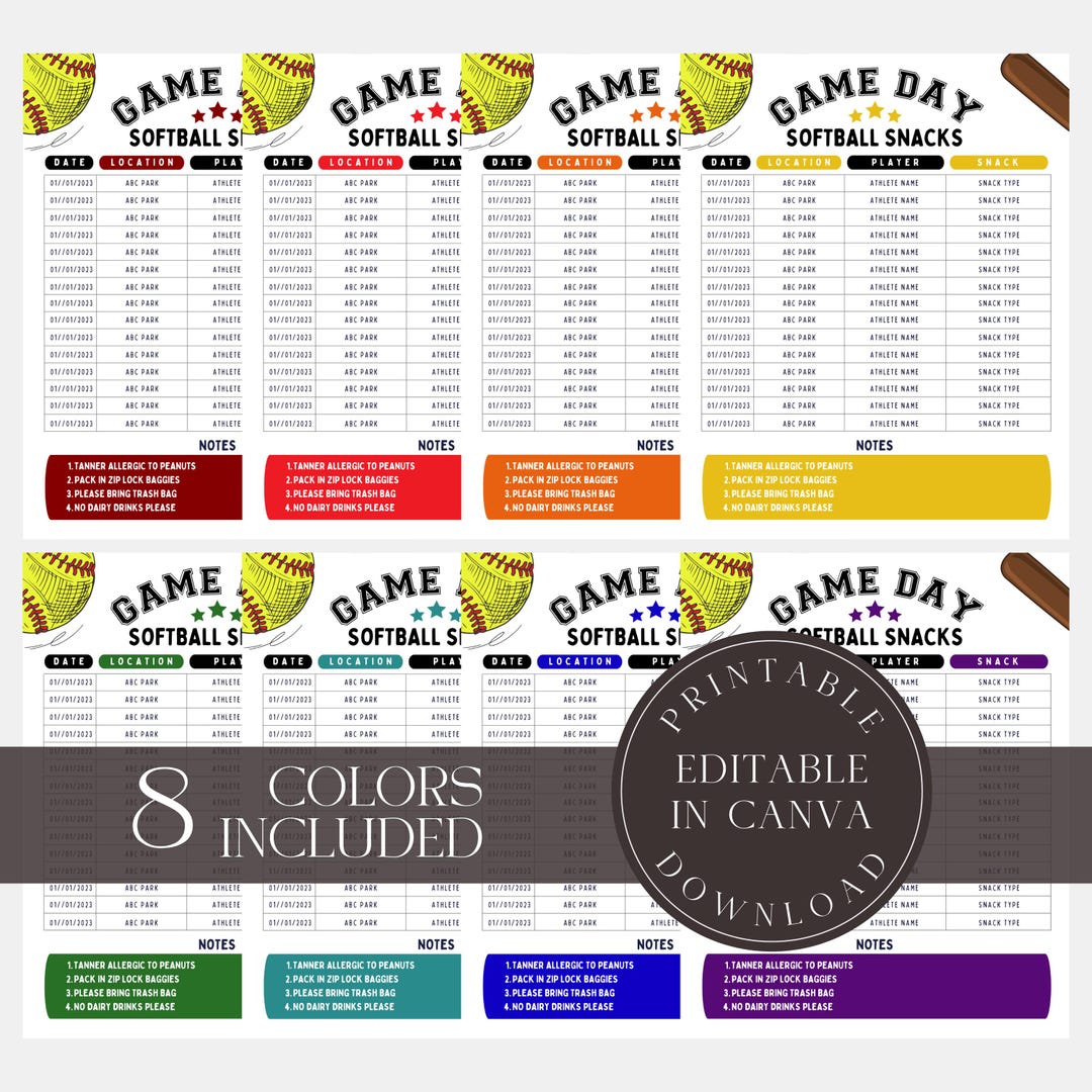 Softball Team Snack Sign up Sheet, Team Snack Volunteer Sheet, Parent ...