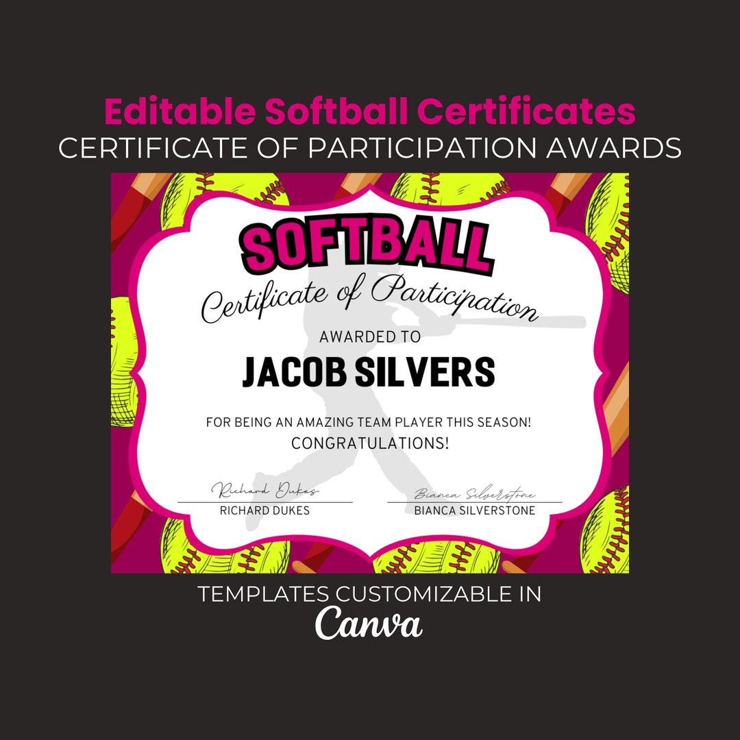 Softball Awards Printable, Softball Team Certificate Bundle, Canva ...