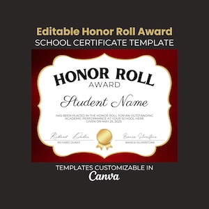 Editable School Honor Roll Certificate, Classroom Academic Excellence ...
