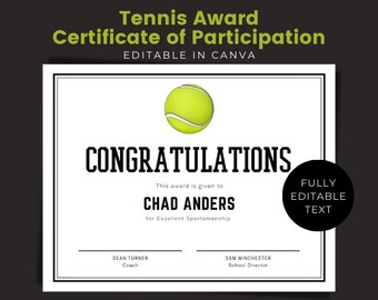 Tennis Award Certificate Editable Canva Template Printable - Etsy