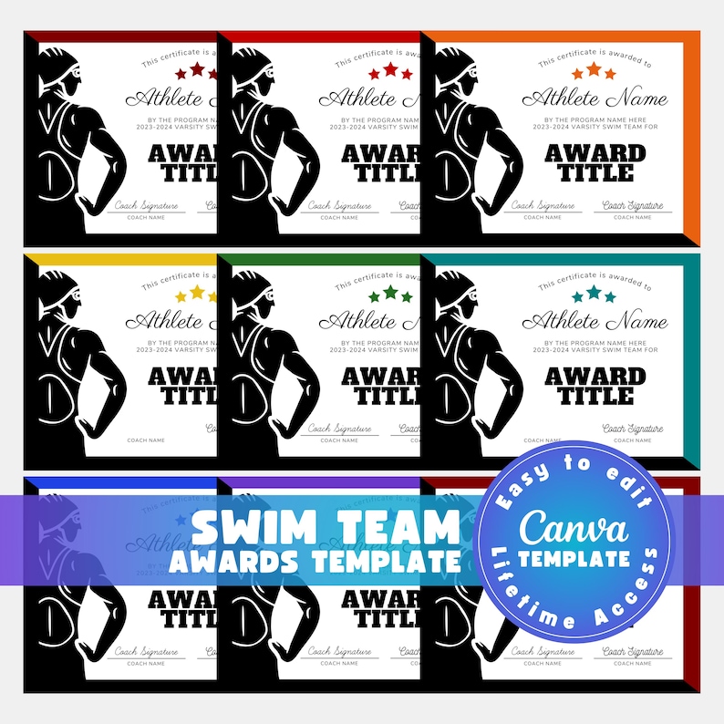 Swimming Award Certificate Templates Editable Swim Team Awards (canva ...
