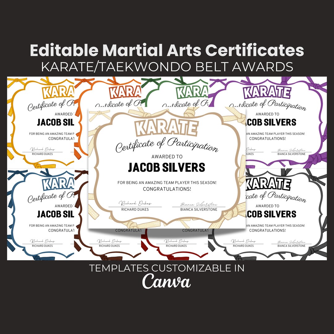 Editable Martial Arts Belt Certificate Template, DIY Karate ...
