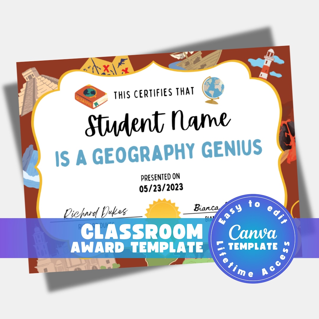 Geography Award Certificate Template, Editable Classroom School Award ...