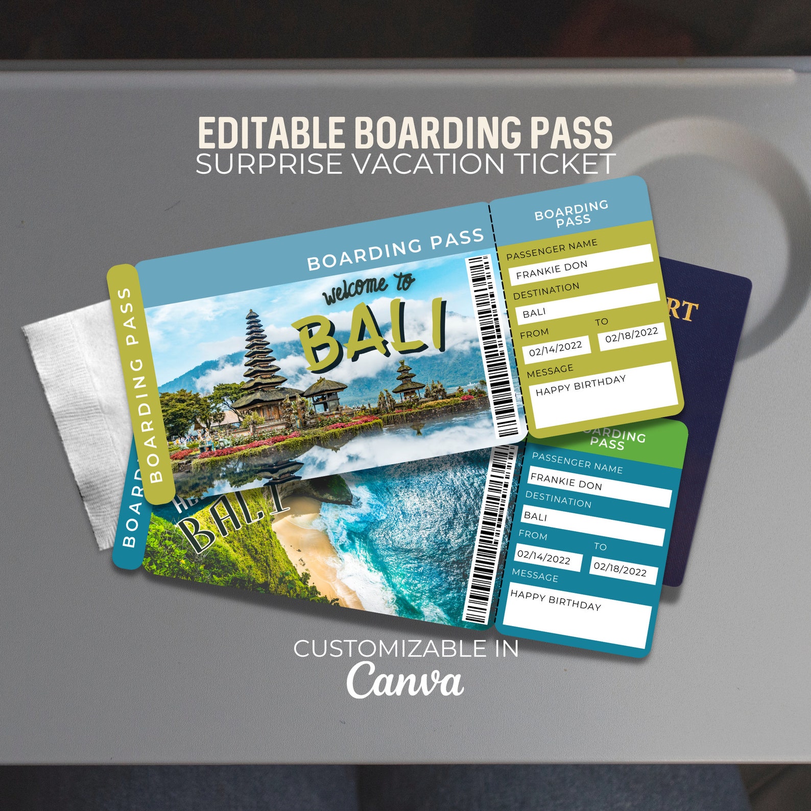 Editable Boarding Pass Bali Vacation Printable Ticket - Etsy
