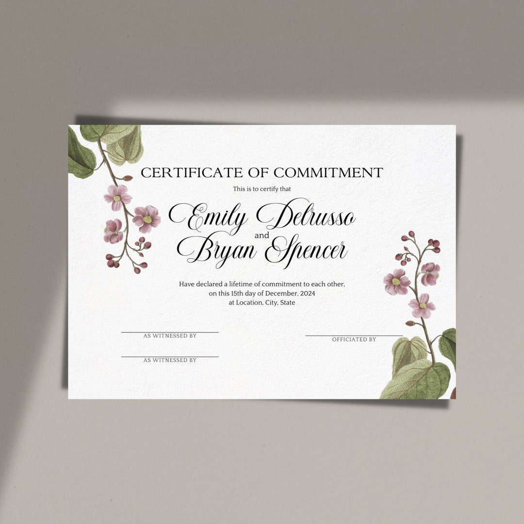 Printable Commitment Certificate Template, Certificate of Marriage ...