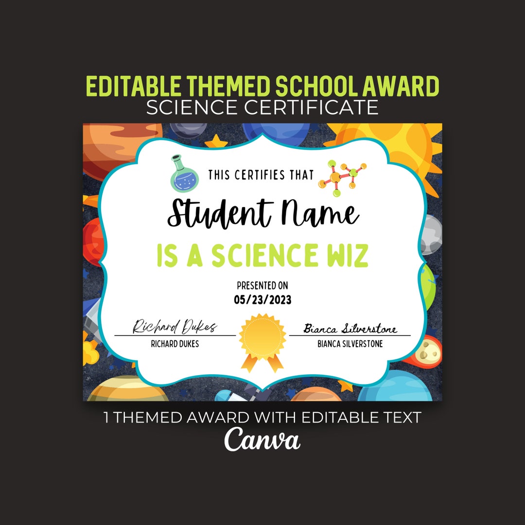 Editable School Certificate Science Student Elementary - Etsy