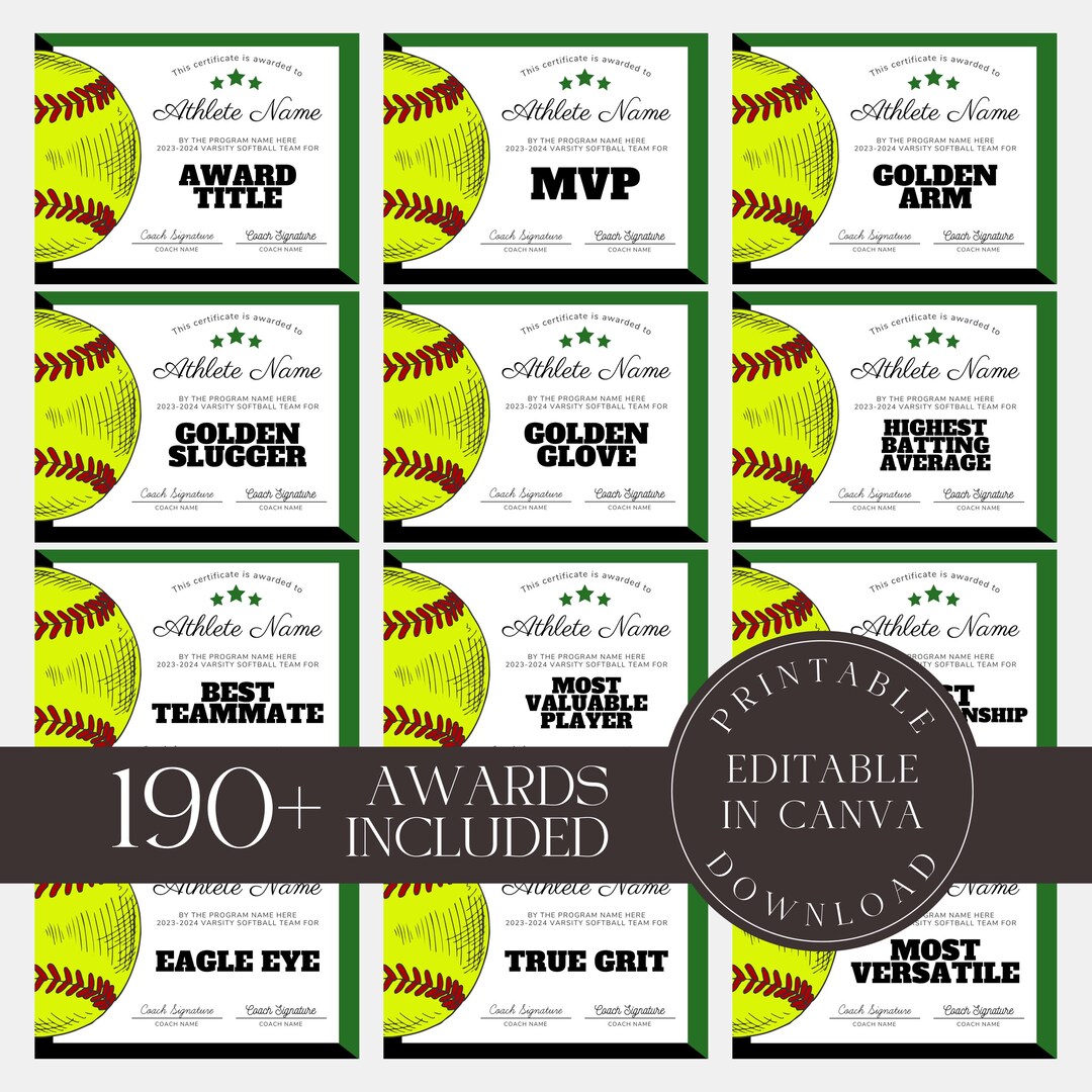 Editable Softball Awards Printable Softball Team Certificate Bundle ...