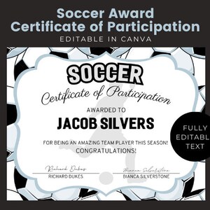 Editable Soccer Award Certificate Bundle, Team Party Canva Template ...