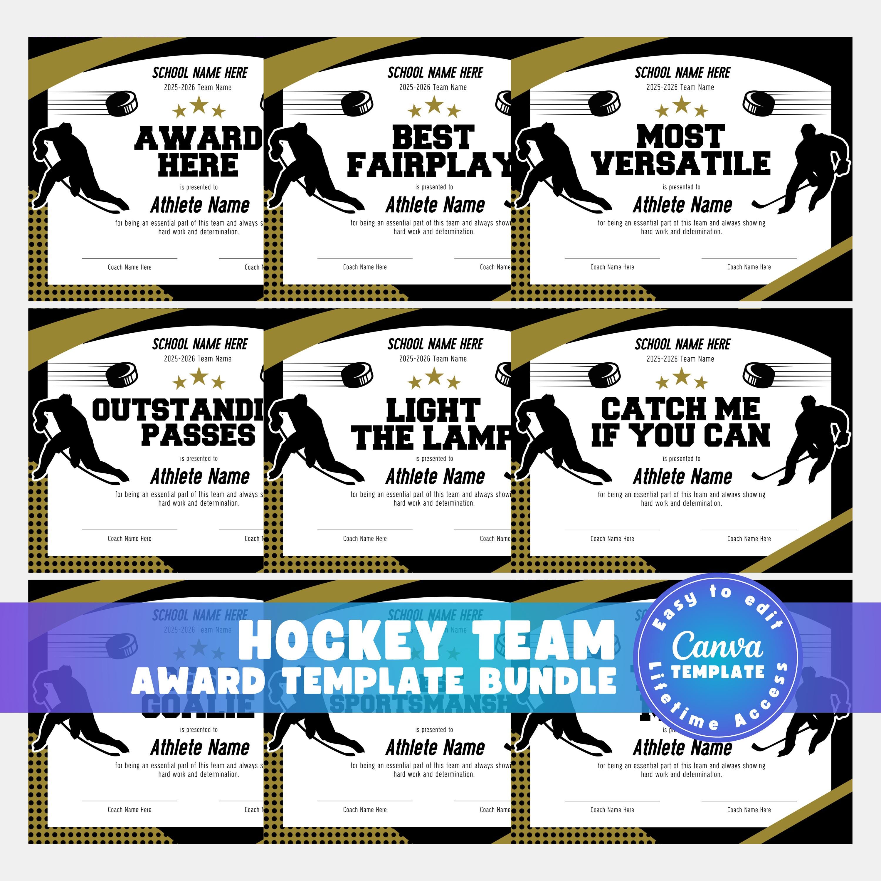 Editable Hockey Certificate Awards Template, 40 Award Certificates in 8 ...