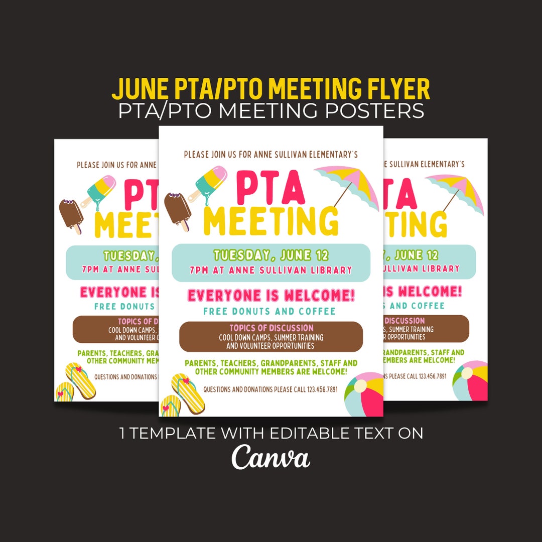 Editable June PTA PTO Meetings Flyer Canva Template Printable Handout ... Editable June PTA PTO Meetings Flyer Canva Template Printable Handout ...