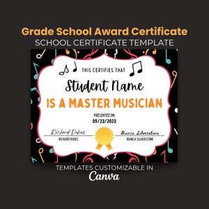 Editable School Certificate Student Music Award, Elementary Classroom ...
