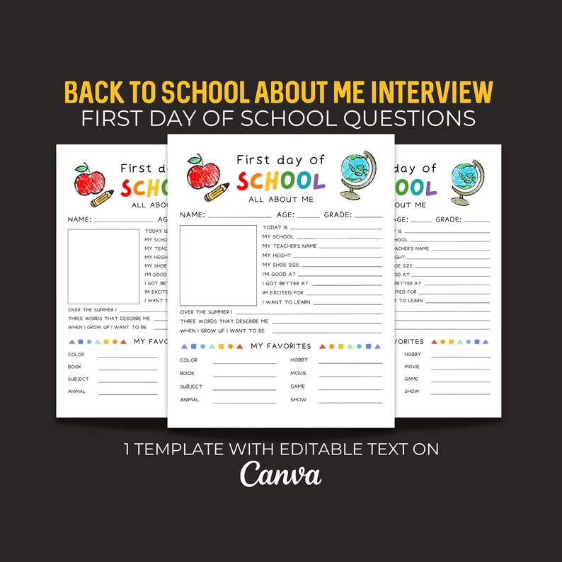 Editable First Day of School Questionnaire Printable First - Etsy