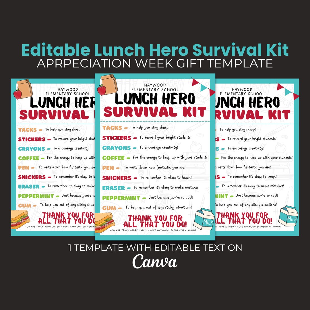 Editable Lunch Hero Survival Kit, Back to School Lunchroom Gift ...