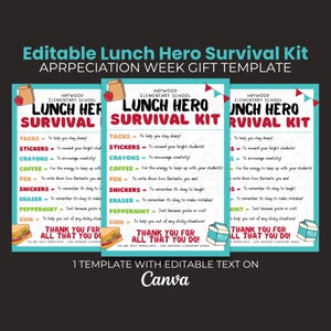 Editable Lunch Hero Survival Kit, Back to School Lunchroom Gift ...