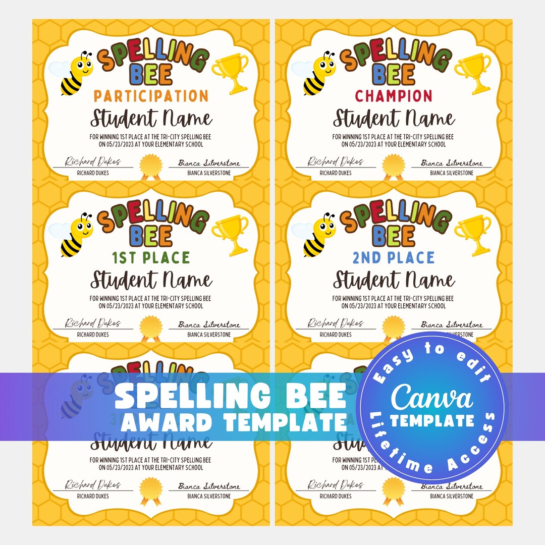 Spelling Bee Award Certificate Template, Editable School Award ...