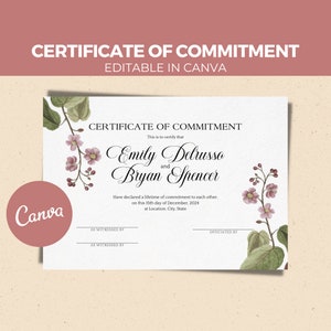Printable Commitment Certificate Template, Certificate of Marriage, Wedding, Vow Renewal ...