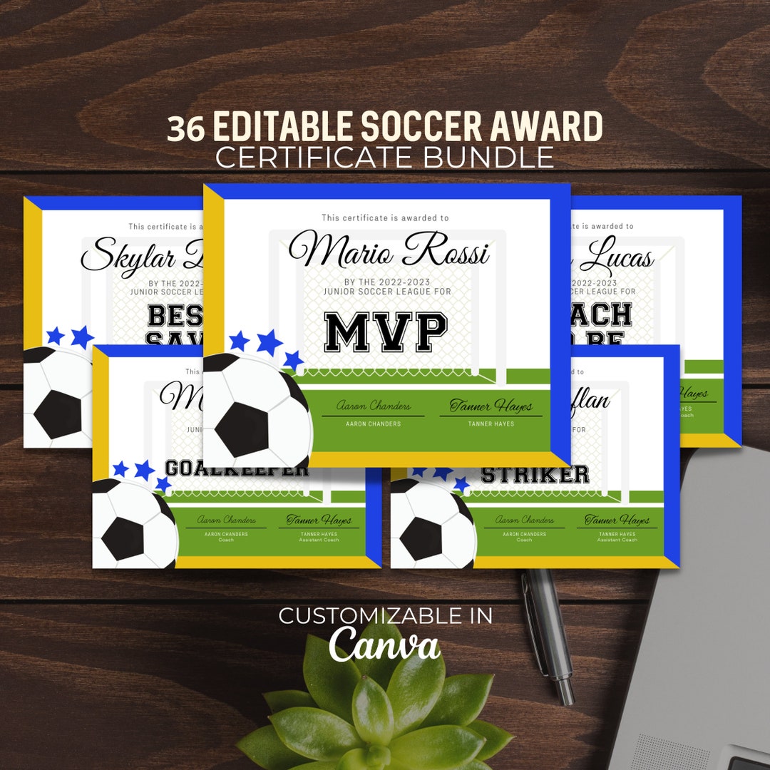 Editable Soccer Award Certificate Canva Template Bundle - Etsy