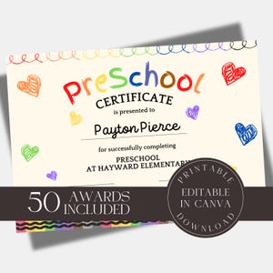 Editable Preschool Award Elementary PRE-K Classroom Award Certificate ...