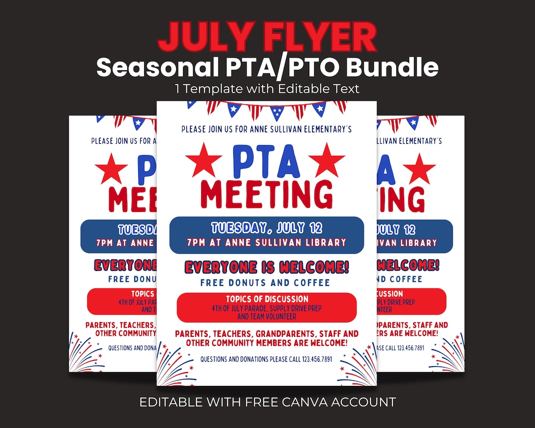 Editable July PTA PTO Meetings Flyer Template Printable Handout School ...