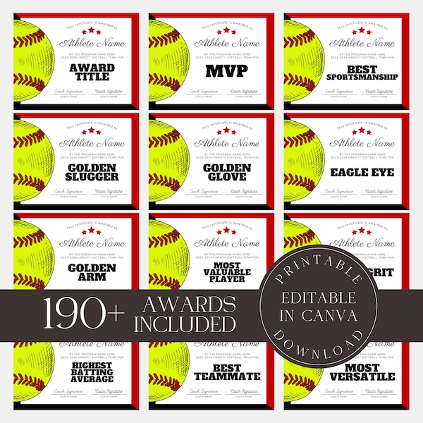 Softball Award Template - Etsy